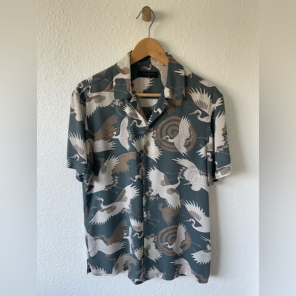 All Saints | Shirts | Green Tsuru Bird Short Sleeve Buttondown Shirt ...